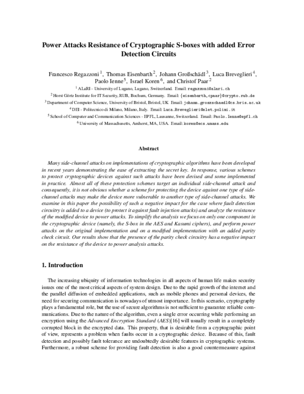 Pdf Power Attacks Resistance Of Cryptographic S Boxes With Added Error Detection Circuits