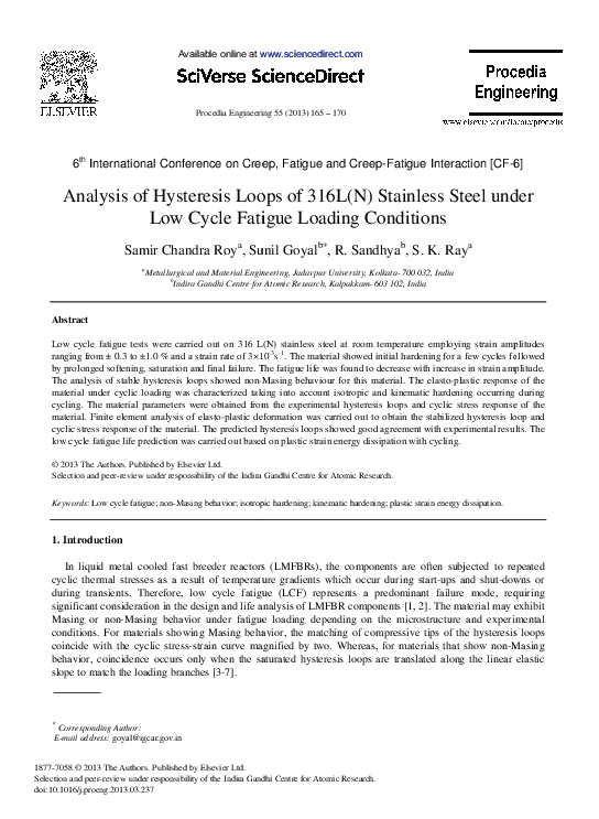Pdf Analysis Of Hysteresis Loops Of 316l N Stainless Steel Under Low