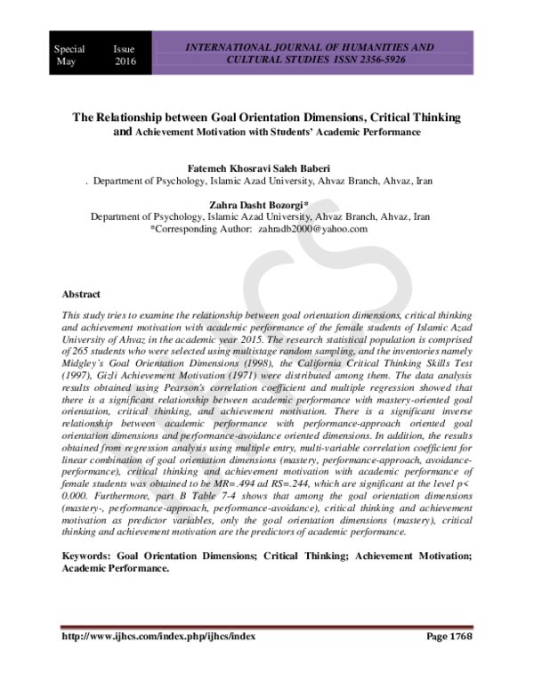 (PDF) The Relationship between Goal Orientation Dimensions, Critical ...