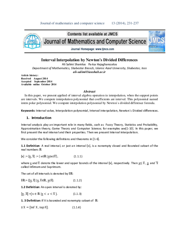 Pdf Interval Interpolation By Newtons Divided Differences