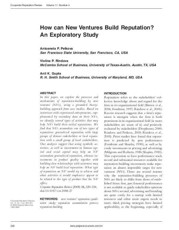 (PDF) How can New Ventures Build Reputation? An Exploratory Study