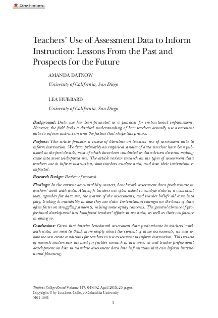 (PDF) Teachers’ Use of Assessment Data to Inform Instruction: Lessons ...