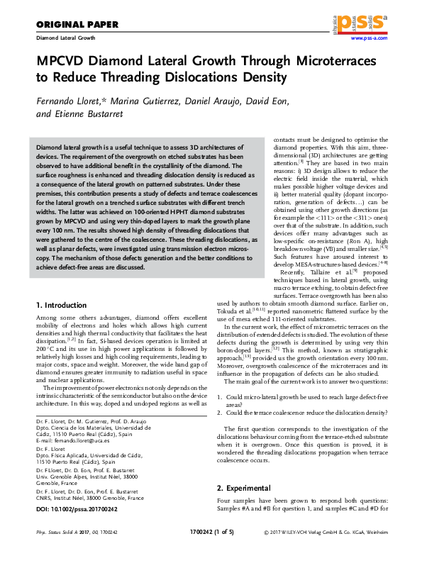 (PDF) MPCVD Diamond Lateral Growth Through Microterraces to Reduce ...