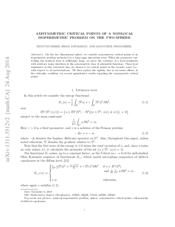 (PDF) Critical Points of Nonlocal Isoperimetric Problem on Sphere