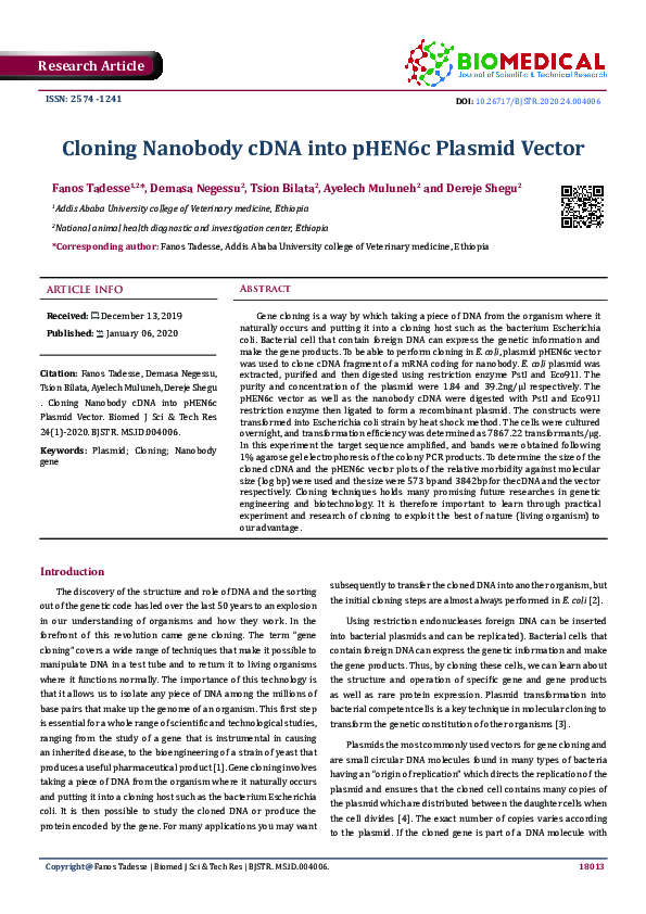 (PDF) Cloning Nanobody cDNA into pHEN6c Plasmid Vector