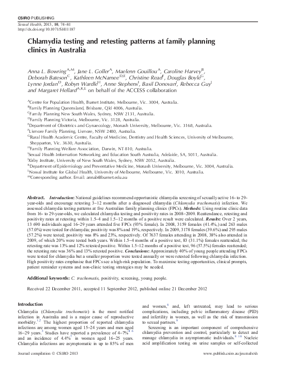 (PDF) Chlamydia testing and retesting patterns at family planning ...