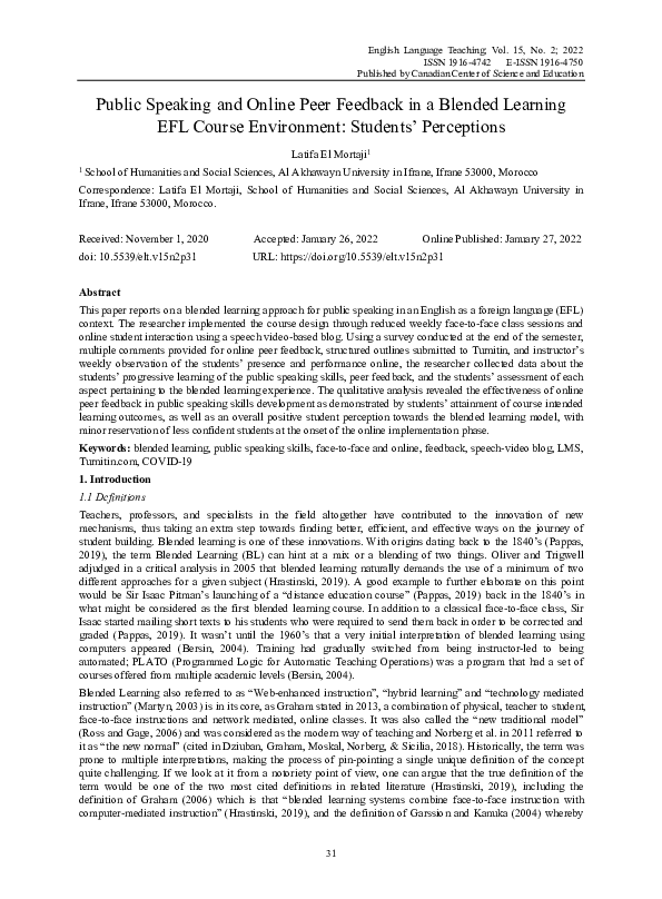 (PDF) Public Speaking and Online Peer Feedback in a Blended Learning EFL Course Environment ...