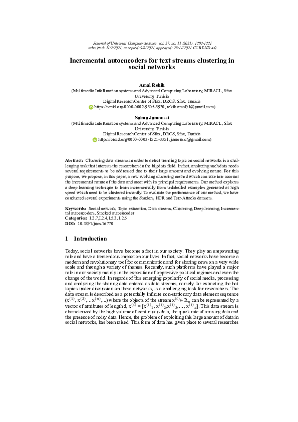 Pdf Incremental Autoencoders For Text Streams Clustering In Social