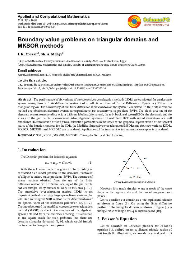 (PDF) Boundary Value Problems on Triangular Domains and MKSOR Methods