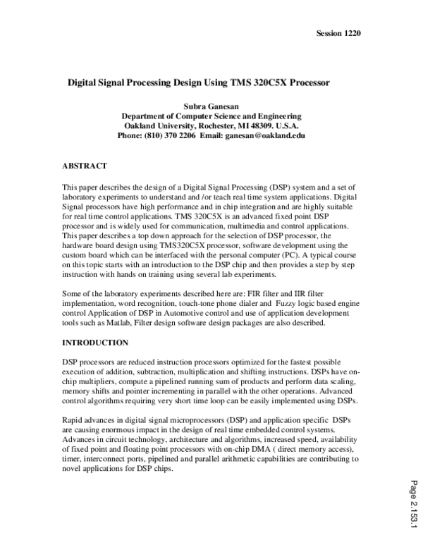 (PDF) Digital Signal Processing Design Using Tms 320 C5 X Processor