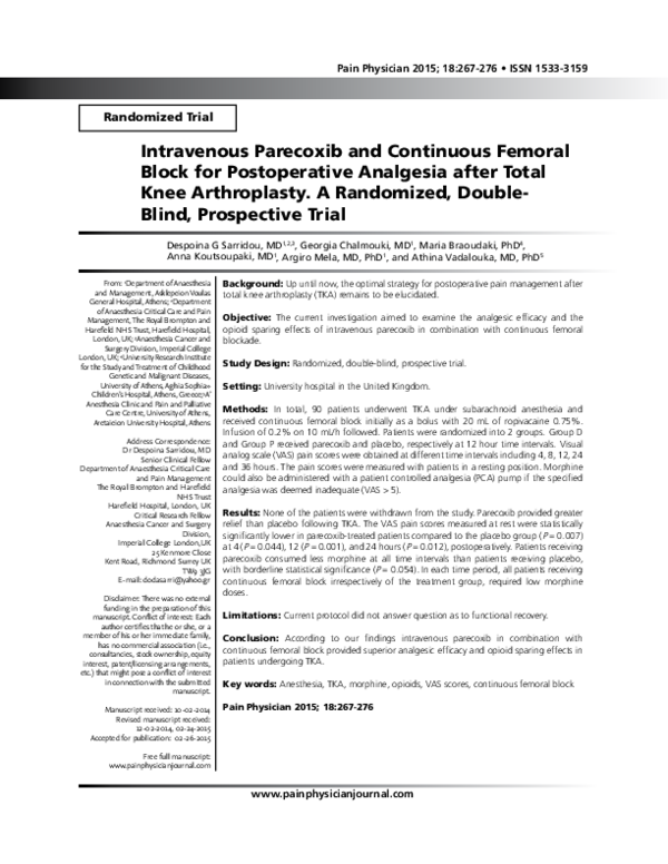 (PDF) Intravenous Parecoxib and Continuous Femoral Block for ...