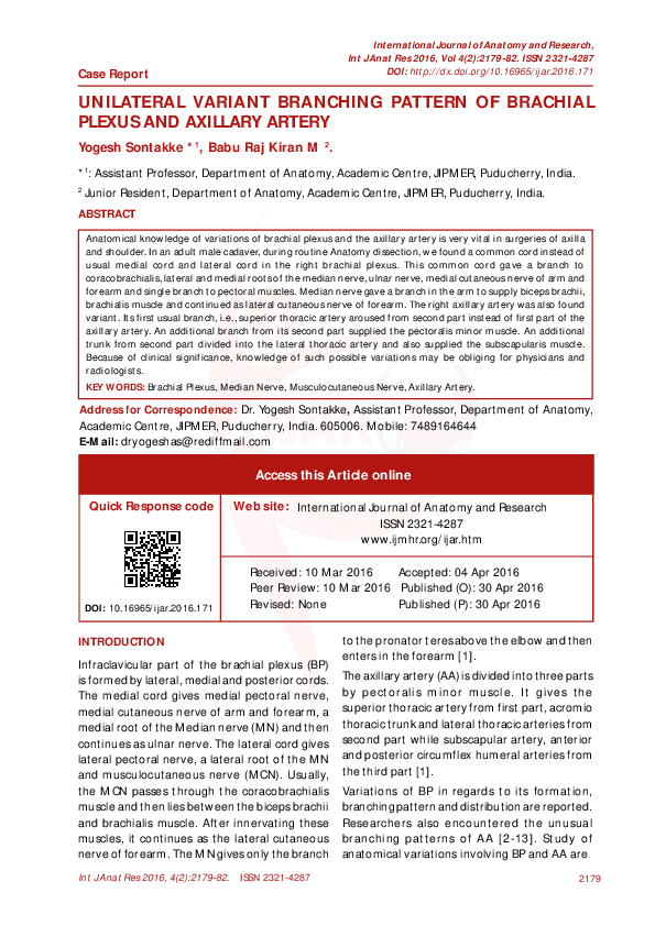 Pdf Unilateral Variant Branching Pattern Of Brachial Plexus And Axillary Artery