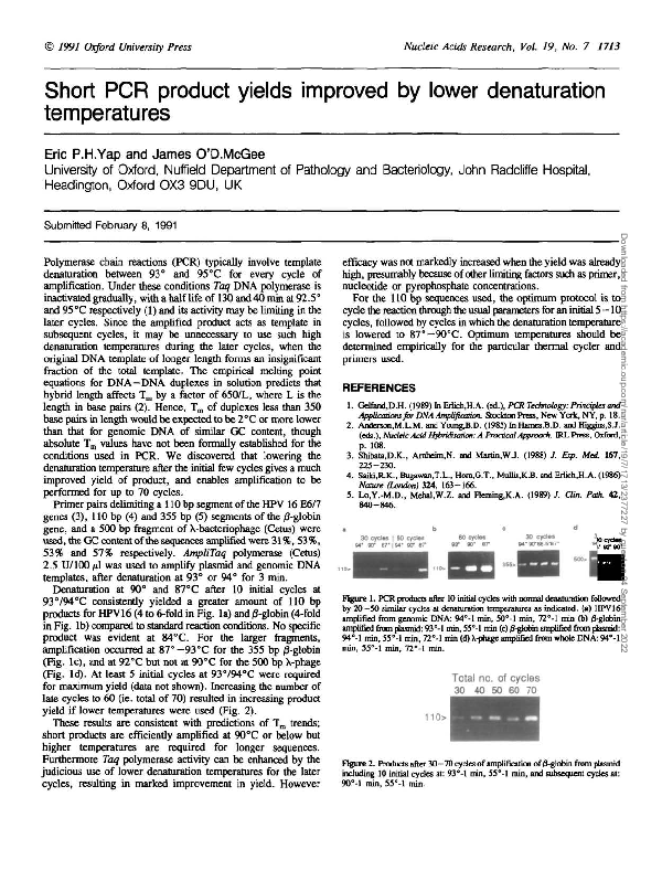 (PDF) Short PCR product yields improved by lower denaturation temperatures