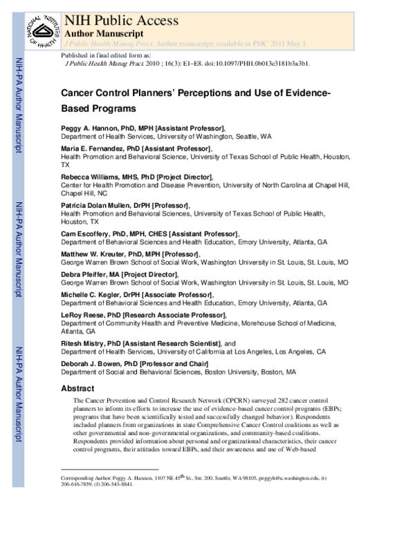 (PDF) Cancer Control Planners' Perceptions and Use of Evidence-Based Programs