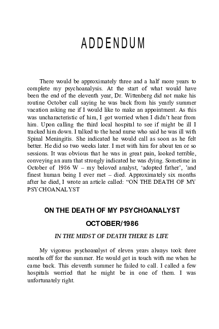 (DOC) ADDENDUM: ON THE DEATH OF MY PSCHOANALYST