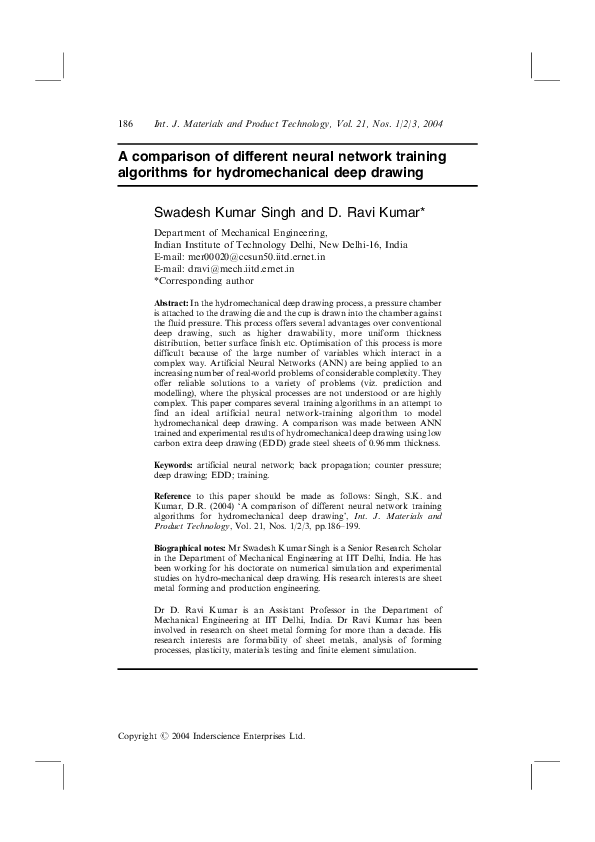 (PDF) A comparison of different neural network training algorithms for hydromechanical deep drawing
