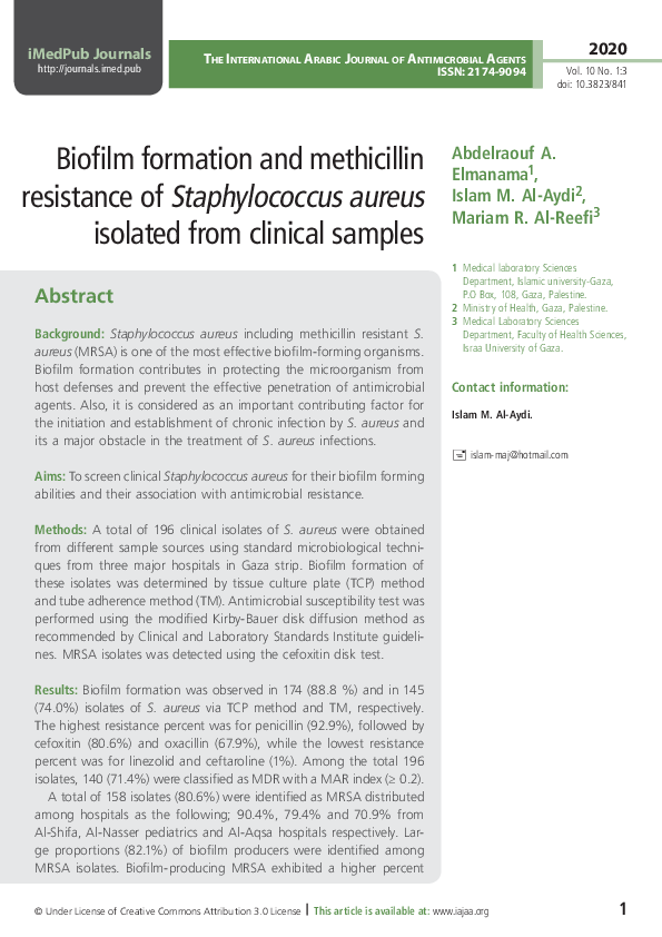 (PDF) Biofilm Formation and Methicillin Resistance of Staphylococcus aureus Isolated from ...