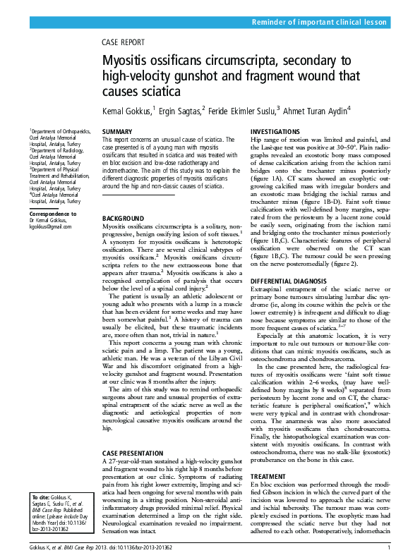 (PDF) Myositis ossificans circumscripta, secondary to high-velocity ...