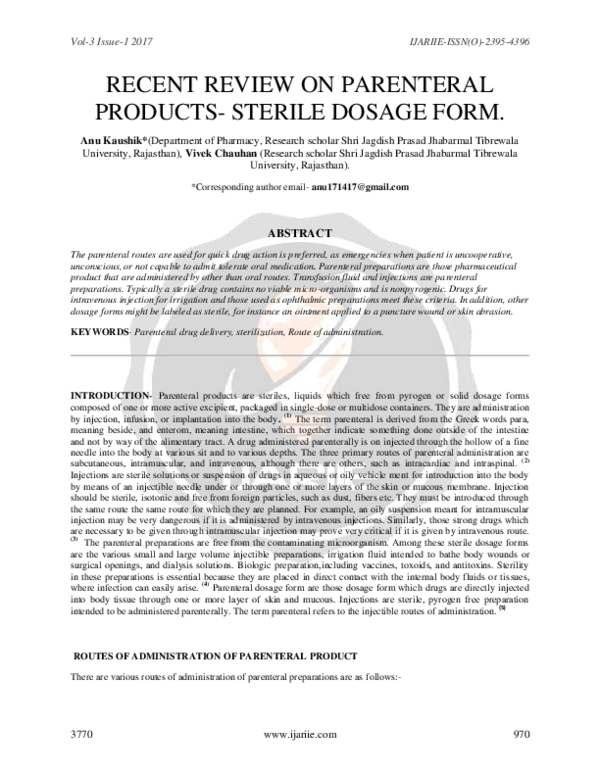(PDF) Recent Review on Parenteral Products- Sterile Dosage Form