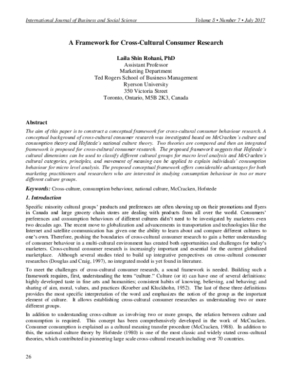 Pdf A Framework For Cross Cultural Consumer Research