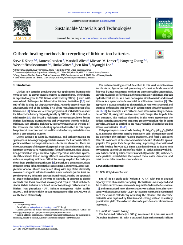 (PDF) Cathode healing methods for recycling of lithium-ion batteries