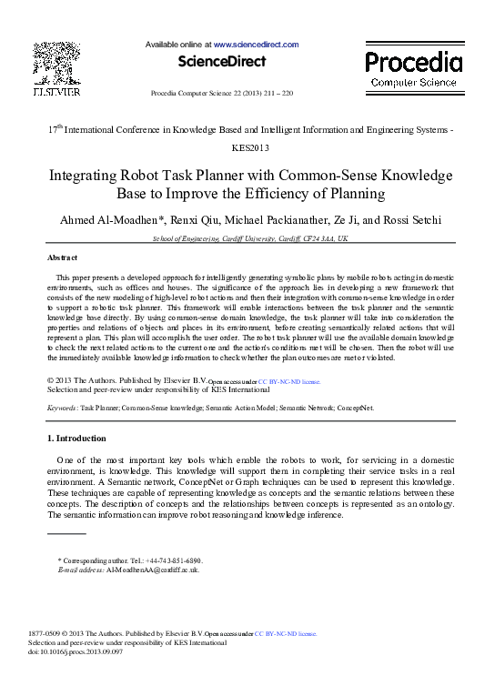 Pdf Integrating Robot Task Planner With Common Sense Knowledge Base To Improve The Efficiency