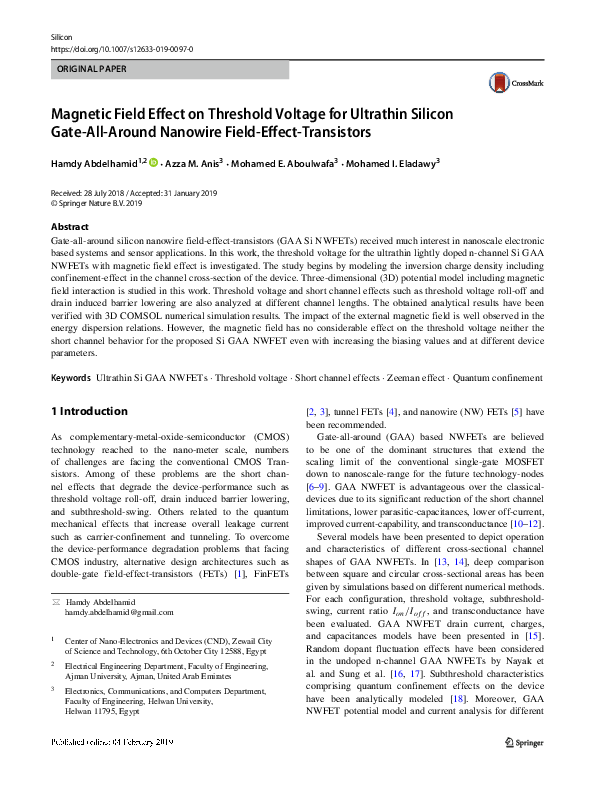 (PDF) Magnetic Field Effect on Threshold Voltage for Ultrathin Silicon ...
