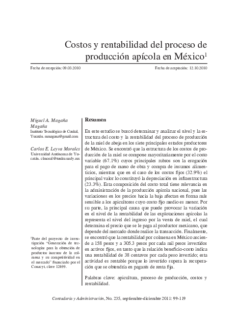 (PDF) Costos y rentabilidad del proceso de producción apícola en México