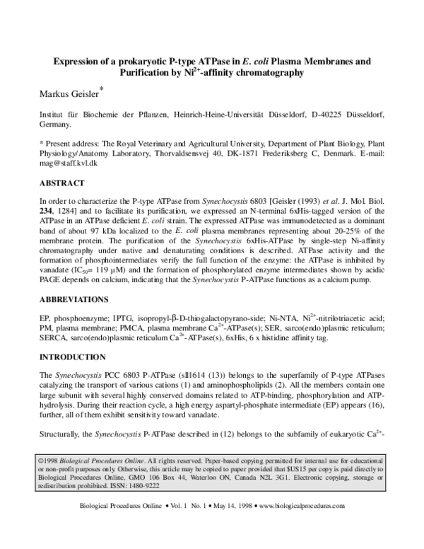 (PDF) Expression of a prokaryotic P-type ATPase in E. coli plasma membranes and purification by ...