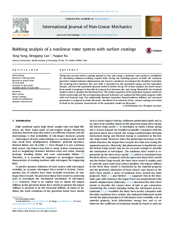 (PDF) Nonlinear Rotor System Rubbing Analysis