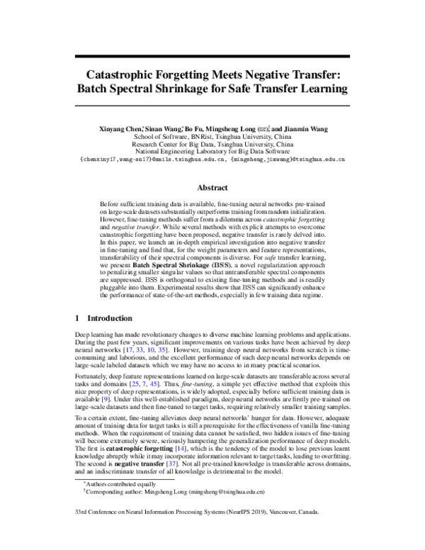 (PDF) Catastrophic Forgetting Meets Negative Transfer: Batch Spectral Shrinkage for Safe ...