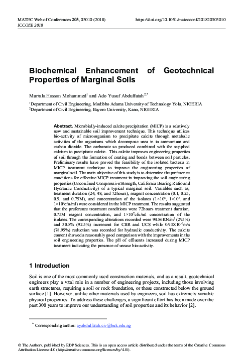 (PDF) Biochemical Enhancement of Geotechnical Properties of Marginal Soils