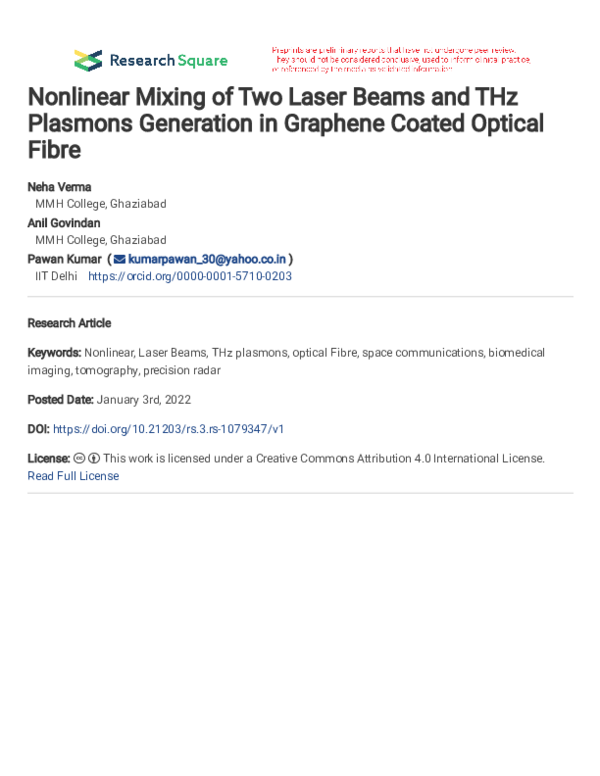 (PDF) Nonlinear Mixing of Two Laser Beams and THz Plasmons Generation ...