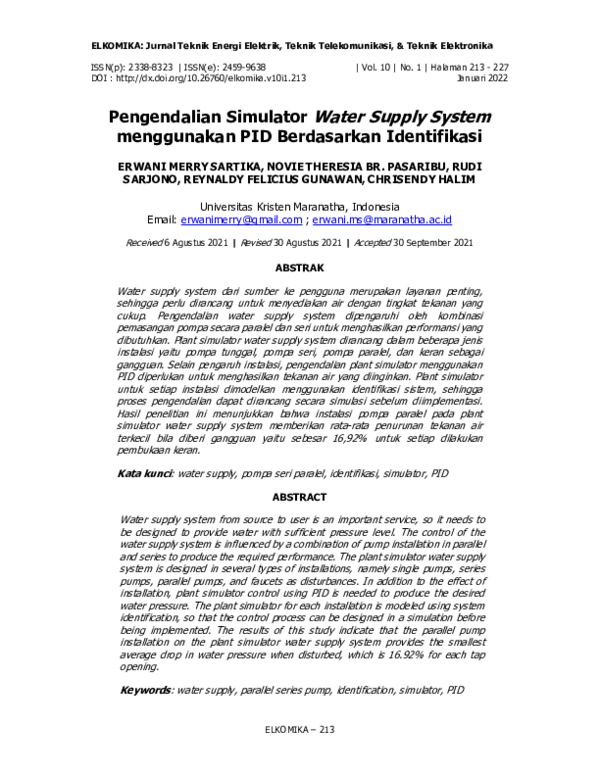 (PDF) Pengendalian Simulator Water Supply System menggunakan PID Berdasarkan Identifikasi