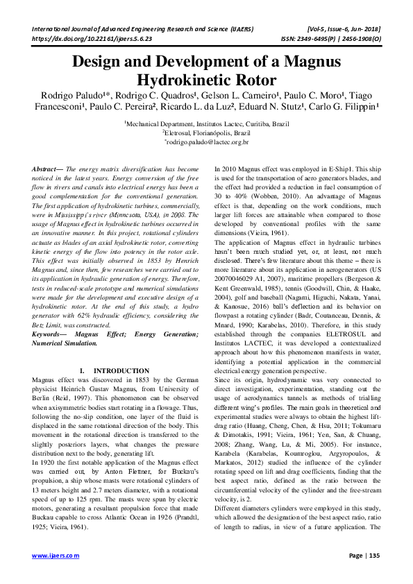 (PDF) Design and Development of a Magnus Hydrokinetic Rotor