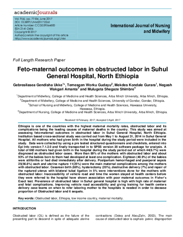 (PDF) Feto-maternal outcomes in obstructed labor in Suhul General ...