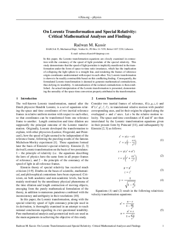 (PDF) On Lorentz Transformation and Special Relativity: Critical ...