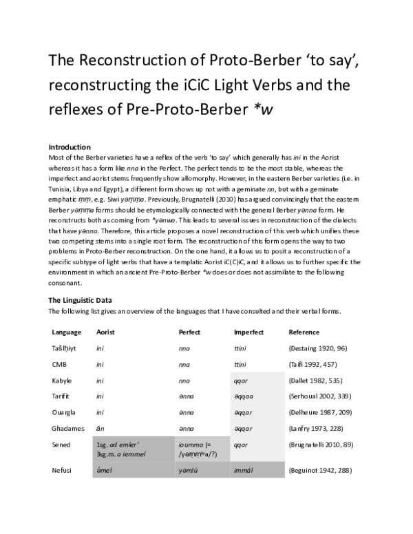(PDF) The Reconstruction of Proto-Berber 'to say', reconstructing the ...