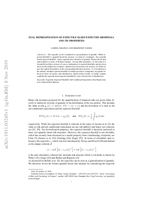 (PDF) Dual Representation of Expectile based Expected Shortfall and Its ... (PDF) Dual Representation of Expectile based Expected Shortfall and Its ...