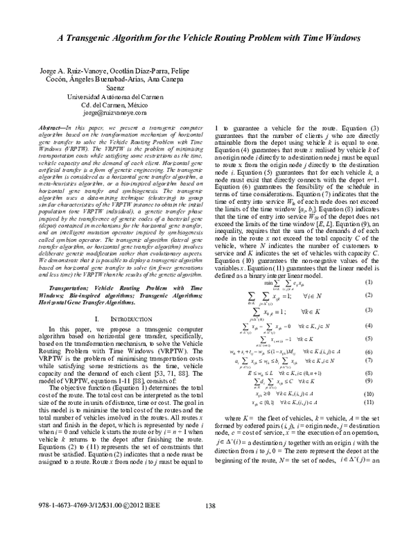 Pdf A Transgenic Algorithm For The Vehicle Routing Problem With Time Windows