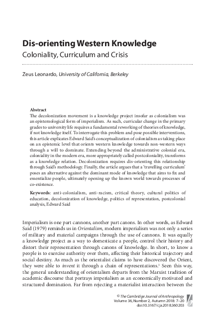 (PDF) Dis-orienting Western Knowledge: Coloniality, Curriculum and Crisis