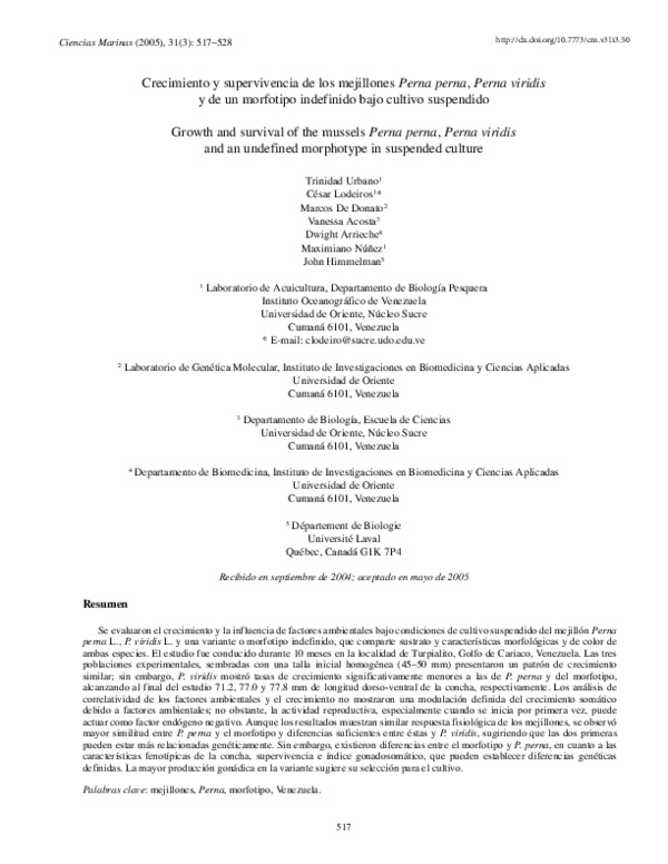 (PDF) Growth and survival of the mussels Perna perna, Perna viridis and ...