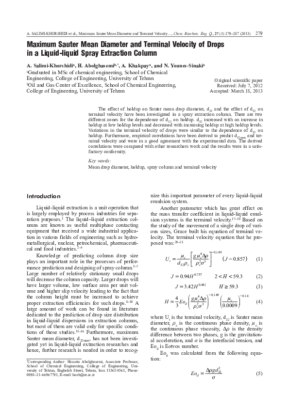 (PDF) Maximum Sauter Mean Diameter and Terminal Velocity of Drops in a ...