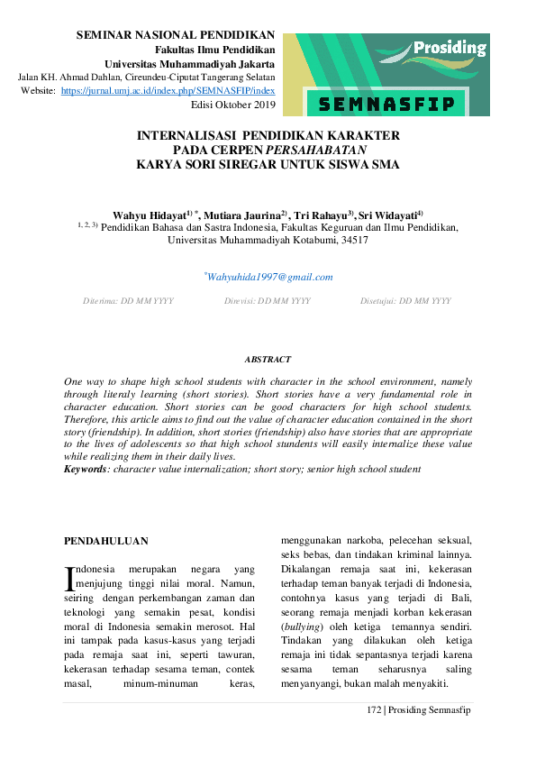 (PDF) Internalisasi Pendidikan Karakter Pada Cerpen Persahabatan Karya ...