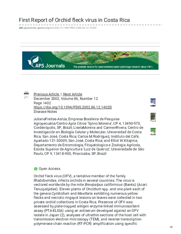 (PDF) First Report of Orchid fleck virus in Costa Rica
