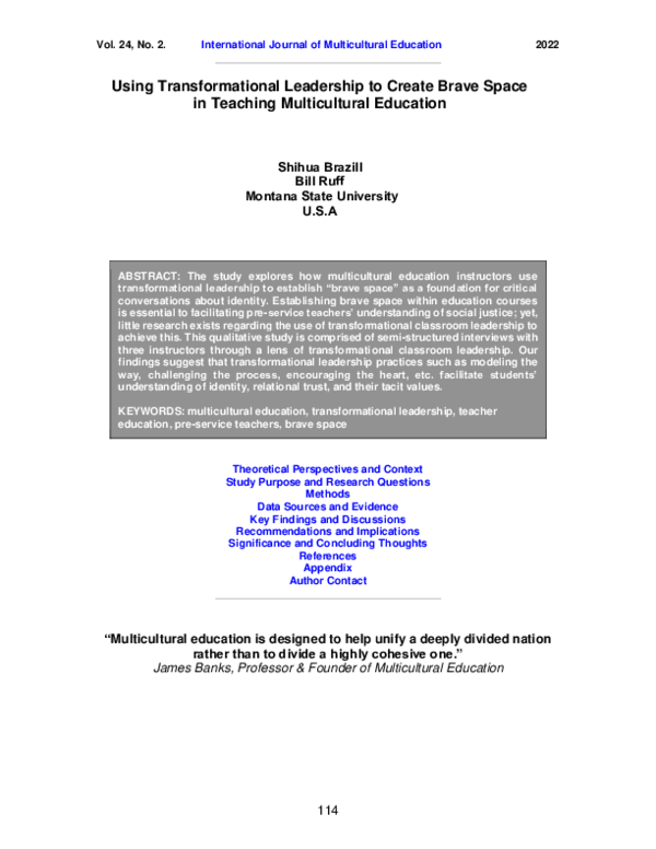 (PDF) Using Transformational Leadership to Create Brave Space in Teaching Multicultural Education