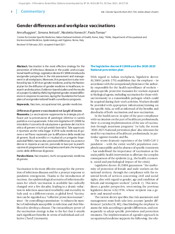 (PDF) Gender differences and workplace vaccinations | nicoletta vonesch - Academia.edu