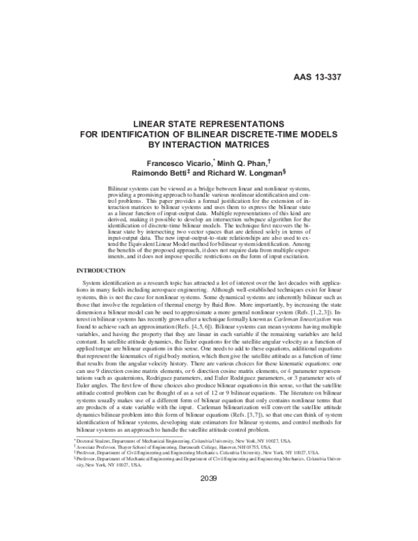 (PDF) Linear state representations for identification of bilinear discrete-time models by ...