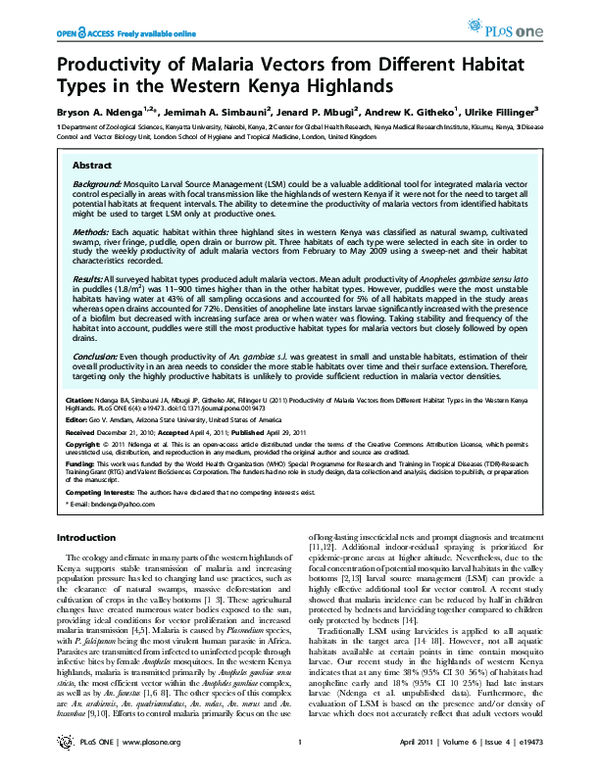 (PDF) Productivity of Malaria Vectors from Different Habitat Types in ...