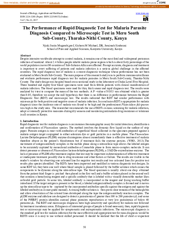 (PDF) The Performance of Rapid Diagnostic Test for Malaria Parasite ...